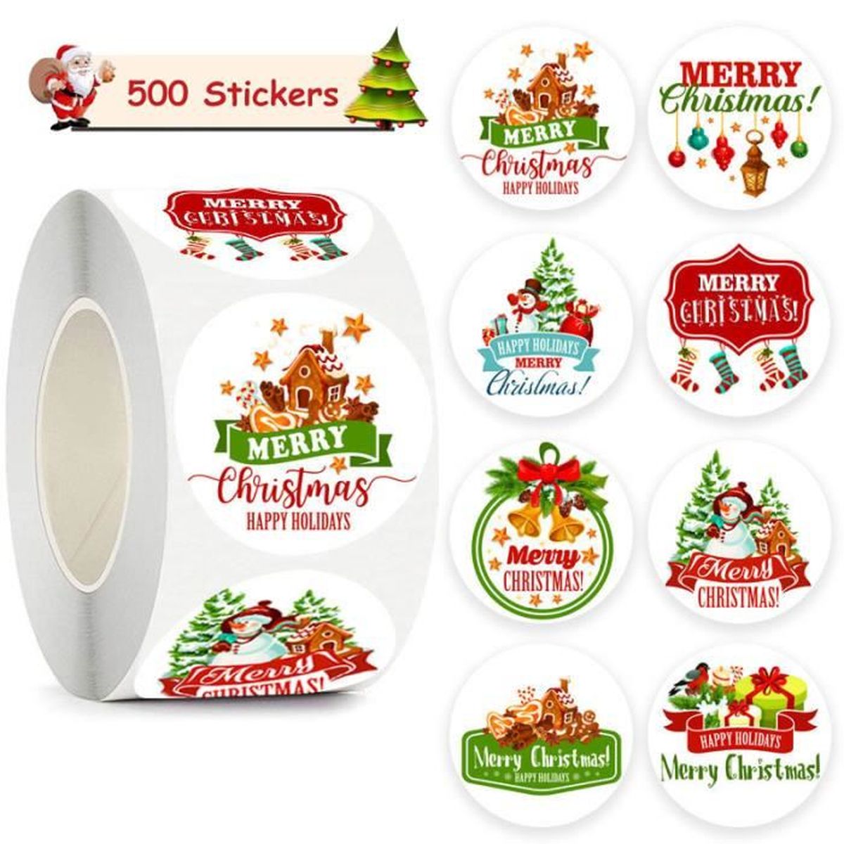 Autocollants de Noël,Étiquettes Rondes de Noël,Rouleau de Gommettes ...