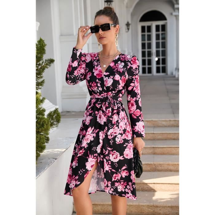 Robe d'été à manches longues et col V fendu taille imprimée Rouge Rouge ...