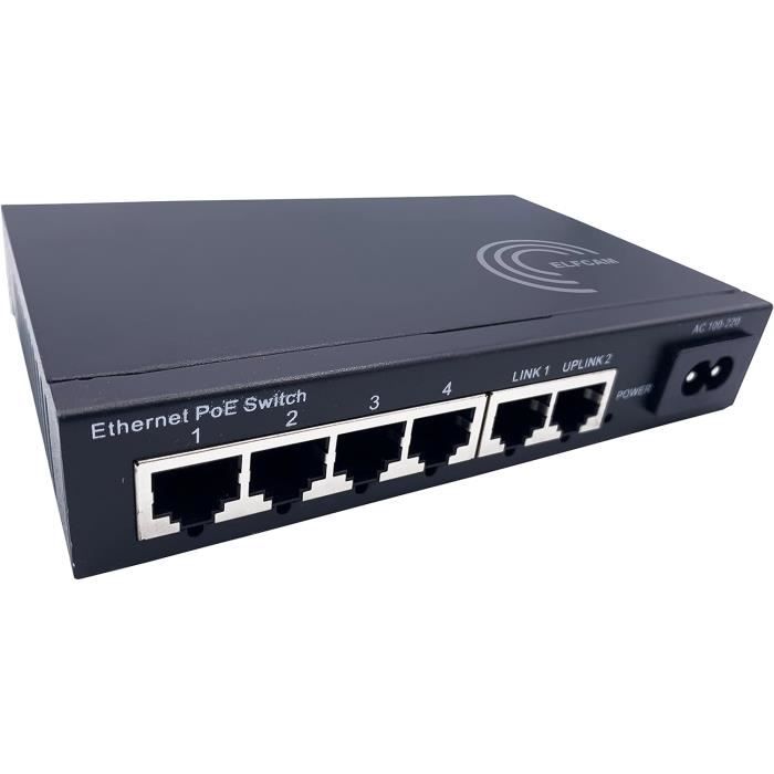 Elfcam - 4 Ports PoE Ethernet Switch avec 2 Ports Uplink 10-100Mbps, Plug Play Non Géré, Métal ...