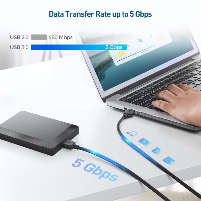 Cable Disque dur Externe 2m (Cable USB 3.0 vers Micro B, Câble Disque ...