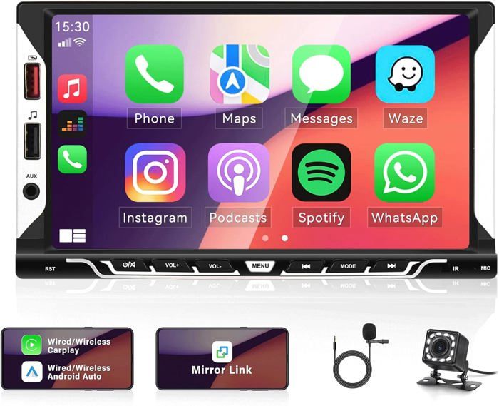 Autoradio 2 Din avec Apple CarPlay Android Auto sans Fil, 7 Pouces Écran Tactile Lecteur MP5 ...