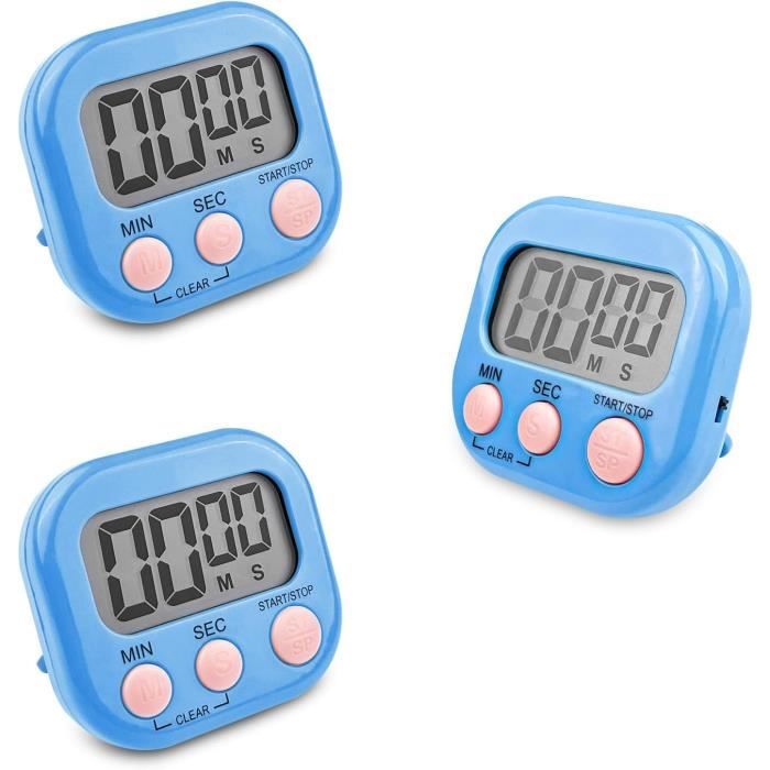 3 Pièces Minuteur De Cuisine Magnétique Bleu, Chronometre Avec Grand Écran Lcd, Chronomètre Et ...