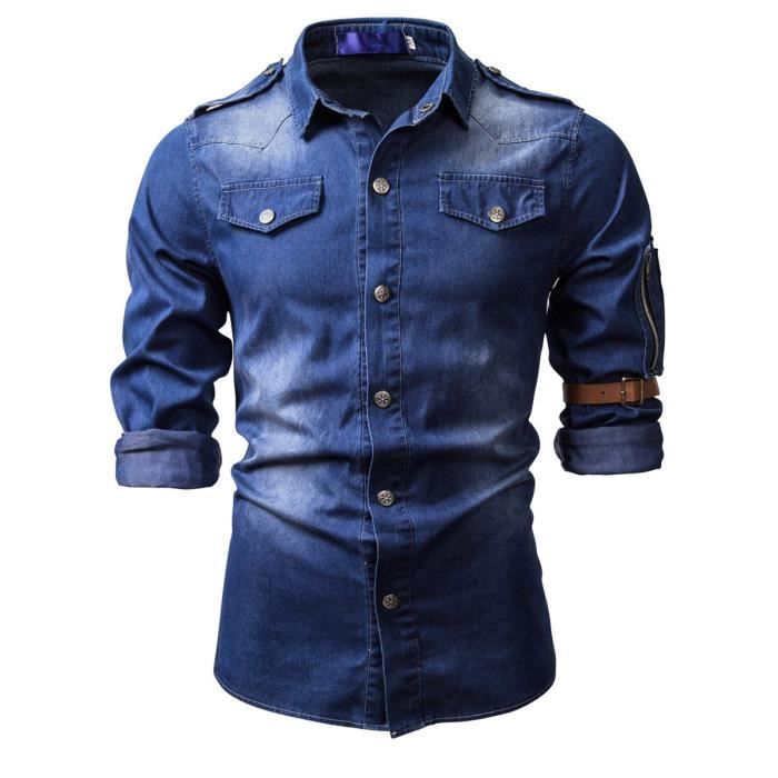 Chemise homme Couleur unie Épaule poche zip Splice grande taille revers ...