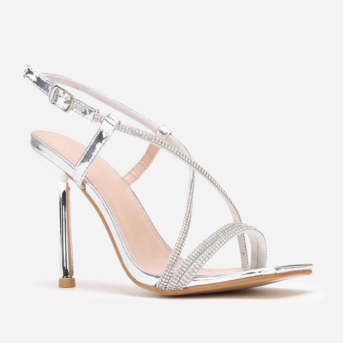 Sandales argentées à talon fin et brides en strass Gris - Cdiscount Chaussures