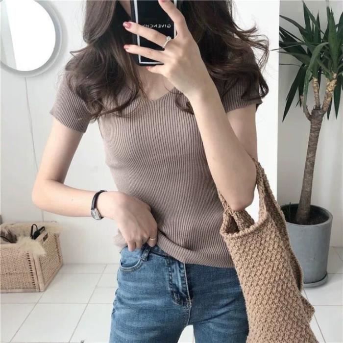 Debardeur Femme mode rétro style coréen mince col en V couleur unie ...