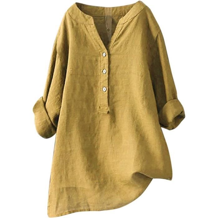 Blouse en Lin Femme Oversize Manches Longues en Vrac Blouse en Lin Col ...