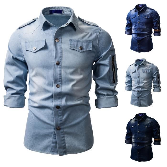 Chemise homme Couleur unie Épaule poche zip Splice grande taille revers ...