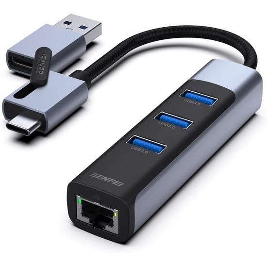 BENFEI Adaptateur 2 en 1 USB-C-USB 3.0 vers Ethernet avec 3 Ports USB 3.0 Compatible avec iPhone ...