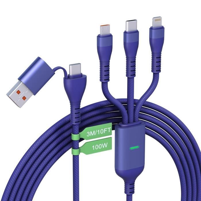 100W Câble Chargeur Multi Embout 3M, [Certifié MFi] Cable Multi ...