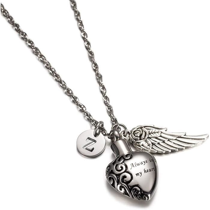 Collier Urne Coeur Ange Avec Ailes Et Lettre Az Chaîne En Acier ...