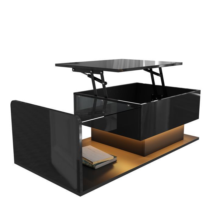 Table basse relevable noir laqué UV, plateau en verre trempé et bande ...