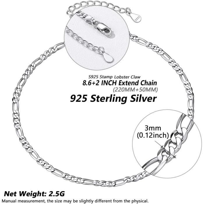 Chaine De Pied Argent 925 Femme Bracelet De Cheville Maille Figaro Cubaine Serpent 22Cm +5 Cm ...