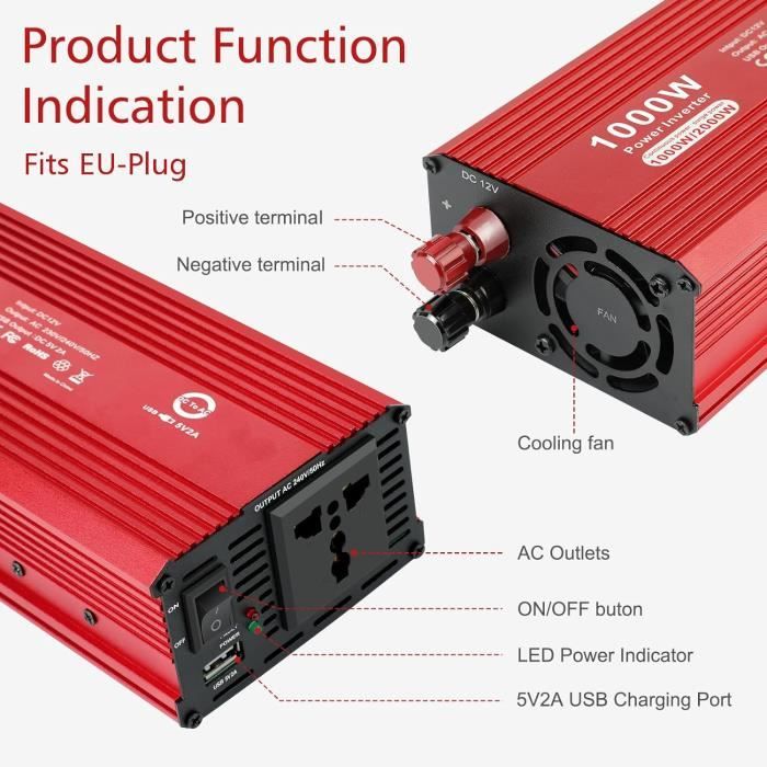 Convertisseur De Tension 1000W Onduleur Dc 12V Vers Ac 220V Auto Convertisseur De Courant Avec ...