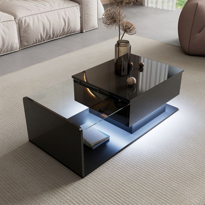 Table basse relevable noir laqué UV, plateau en verre trempé et bande ...