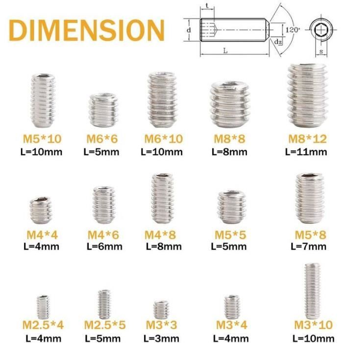 Kit de vis sans tête hexagonale - ZVD - M2.5 M3 M4 M5 M6 M8 - Acier ...