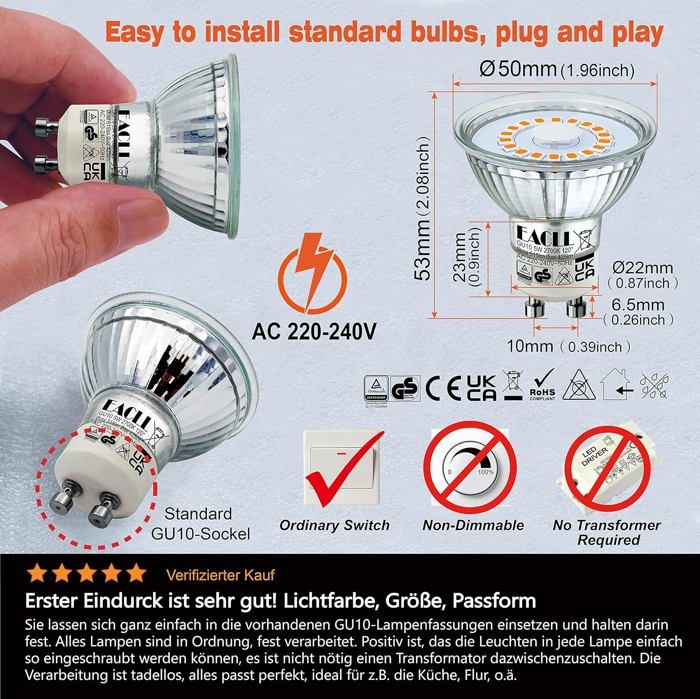 Ampoules LED GU10 Blanc Chaud, 5W Équivalent Halogène 55W, Lot de 10 ...