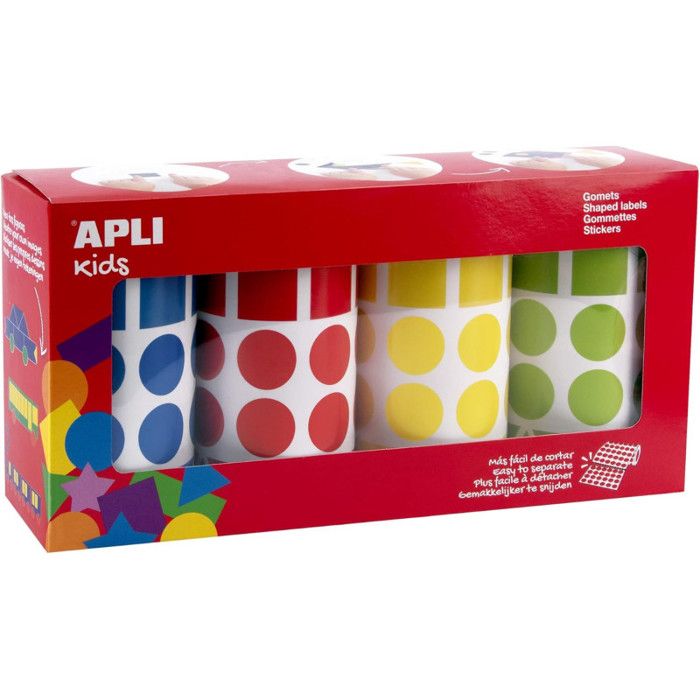 Boîte de 4 rouleaux de gommettes rondes - 20 mm - Jaune, bleu, rouge et ...