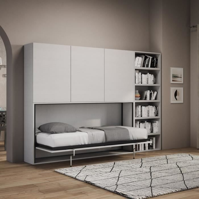 Lit escamotable simple NABOR Frêne Blanc Composition G - Cdiscount Maison