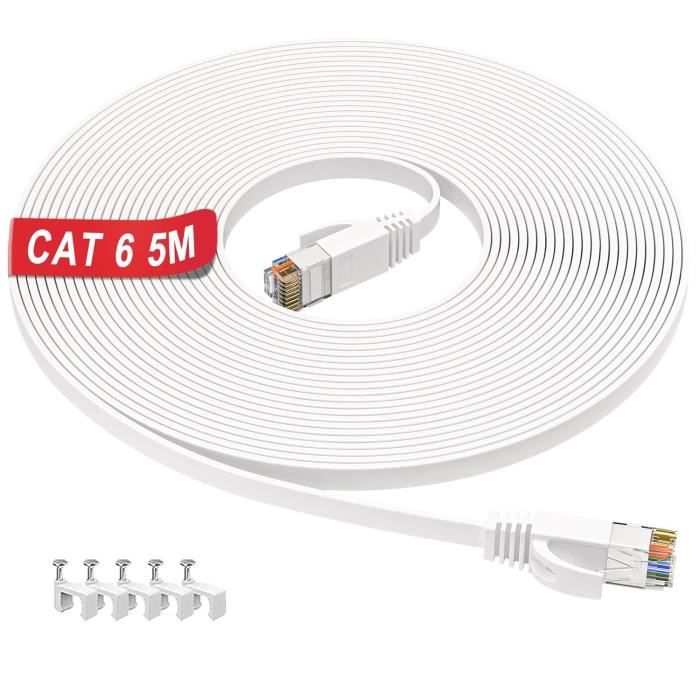 Cable Ethernet 5m Blanc, Cat 6 Intérieur Cable RJ45 5m Plat Cable Réseau Haut Débit 1000Mbps ...