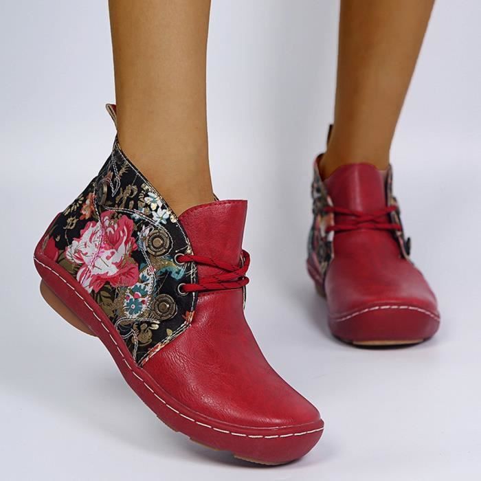 Bottines courtes en cuir à lacets plats pour femmes - OS - Rouge Rouge ...