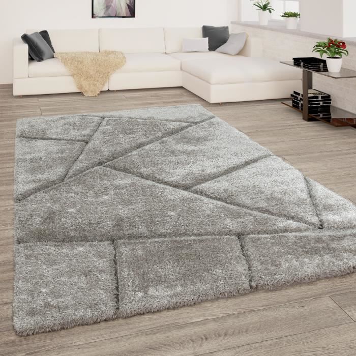 Paco Home Tapis Gris Anthracite Salon Poils Longs Shaggy Doux Moelleux Motif 3D 60x100 cm ...