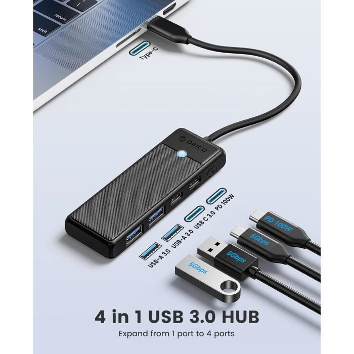 Usb C Hub,4-En-1 Usb C To Usb Multiport Adapter Avec 100W Power Delivery, Usb-C Data Port, 2 Usb ...