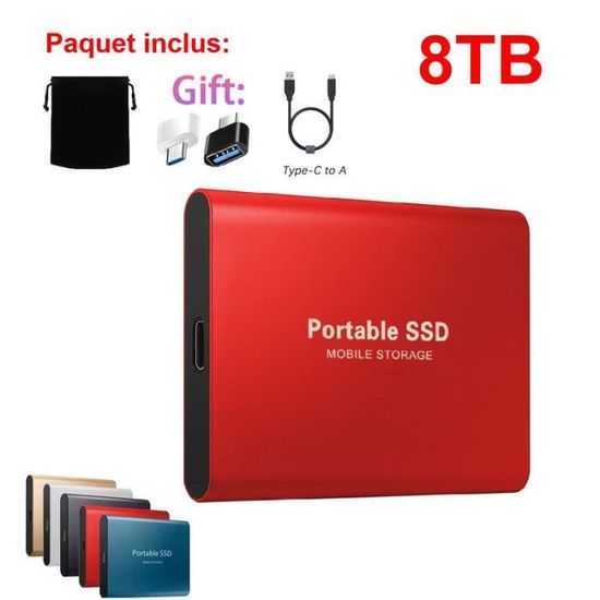 SSD 8T Disque Dur Externe Portable HDD Rouge avec OTG Adaptateur Type-C USB + Pochette de ...