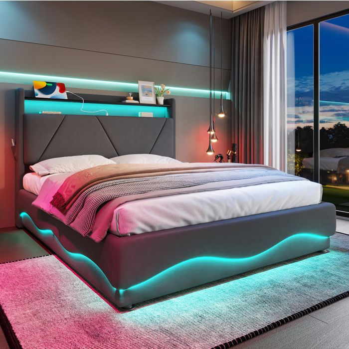 HOMVRA Lit Double 160x200 cm, Lit Coffre avec LED et USB, Sommier à ...