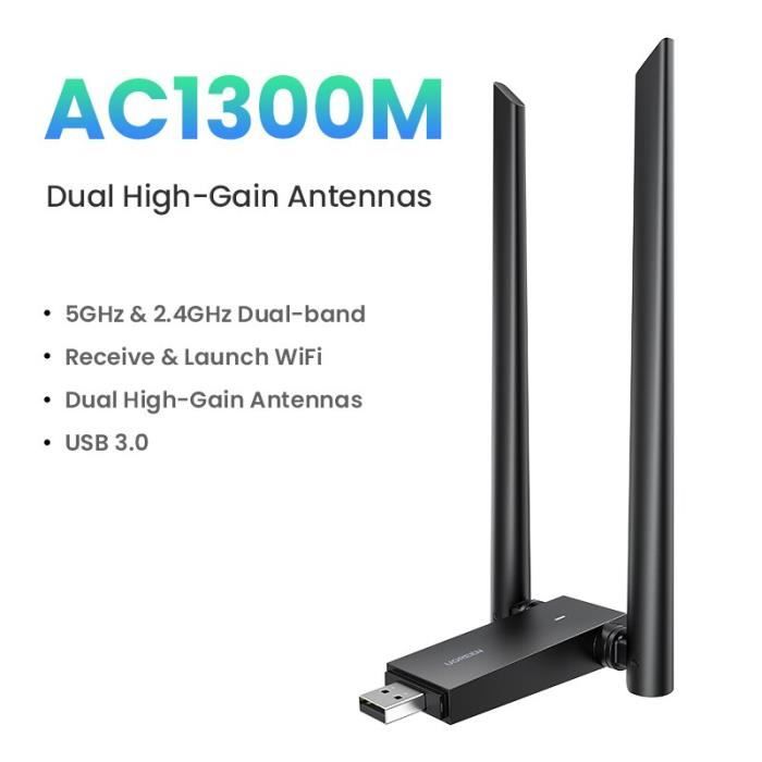 AC1300 Double antenne - adaptateur WiFi double bande USB 3.0 AC1300Mbps, 5.8 go et 2.4 go, pour ...