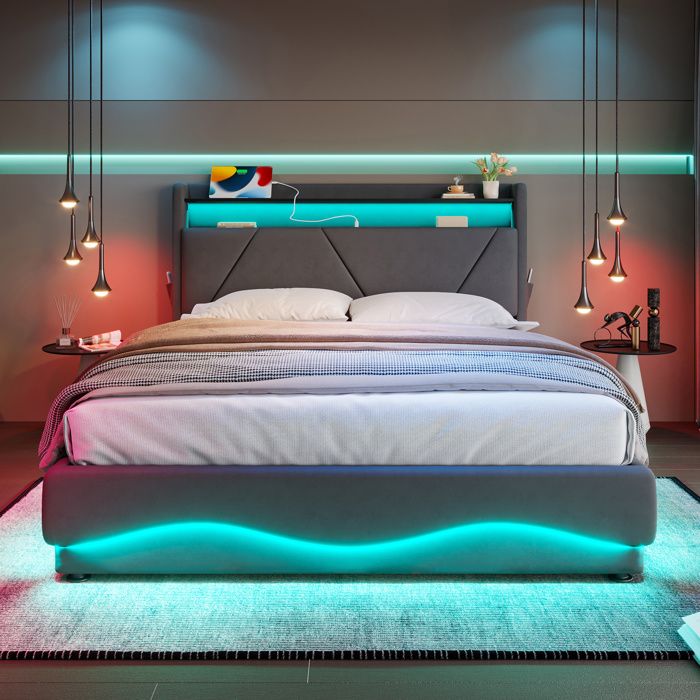 HOMVRA Lit Double 160x200 cm, Lit Coffre avec LED et USB, Sommier à ...