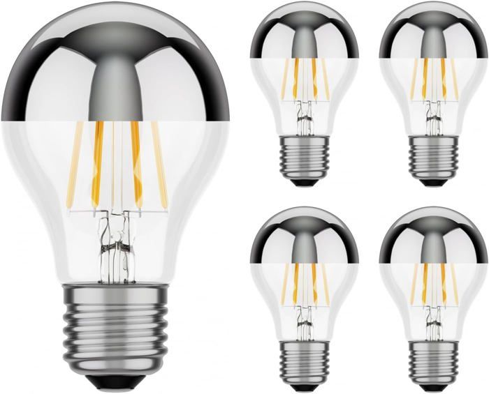 5 ampoules LED E27, A60, blanc chaud (2700 K), 6 W, 667lm, miroir de tête (argent).[G1875 ...