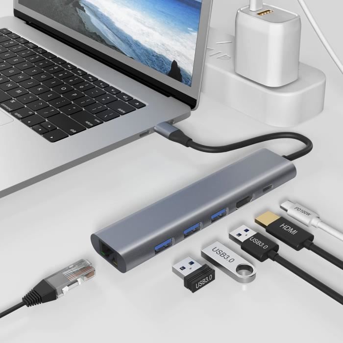 Adaptateur Usb C Vers Hdmi, Hub Usb 3.0 Alimenté 6 En 1, Multi Usb Hub Avec Hdmi 4K, Gigabit ...