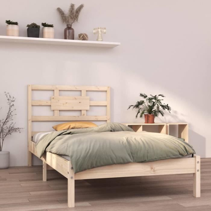 Lit Simple 90x190cm | Cadre de lit en Bois massif 1 place | Tête de lit et Sommier inclus ...