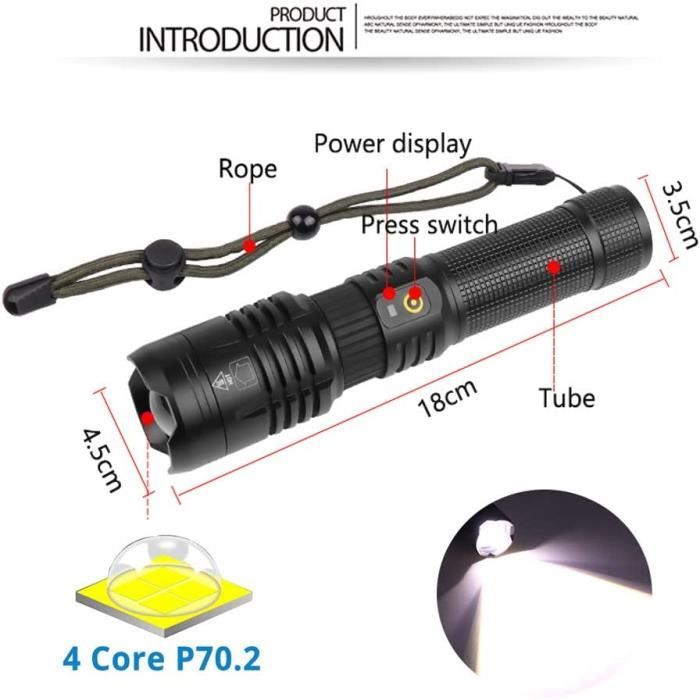Lampe Torche LED Ultra Puissante 7000 lumens, XHP70.2 LED Torche ...