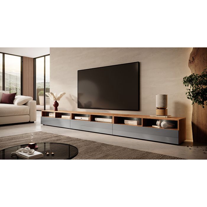 Meuble TV - REDNAW - 300 cm - chêne wotan / gris brillant - 6 niches ...