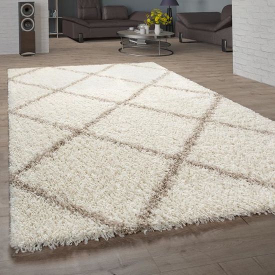 Paco Home Tapis Salon Poils Longs Shaggy Design Scandinave Avec Motif Losanges, Moderne Beige ...