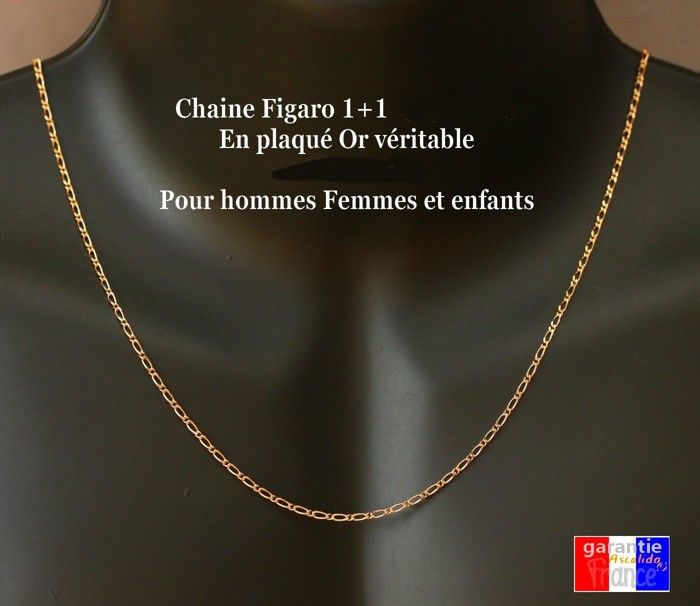 Collier homme 50cm en vrai plaqué or chaine fine 2mm Figaro en Maille 1 ...