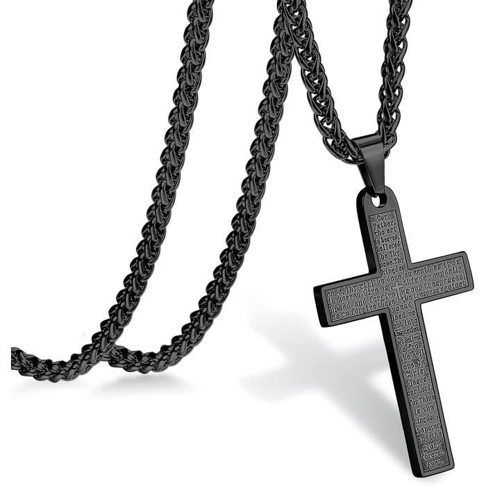 Collier Croix Pour Homme Femme Argent Noir Acier Inoxydable Chaîne De Croix De Verset De La