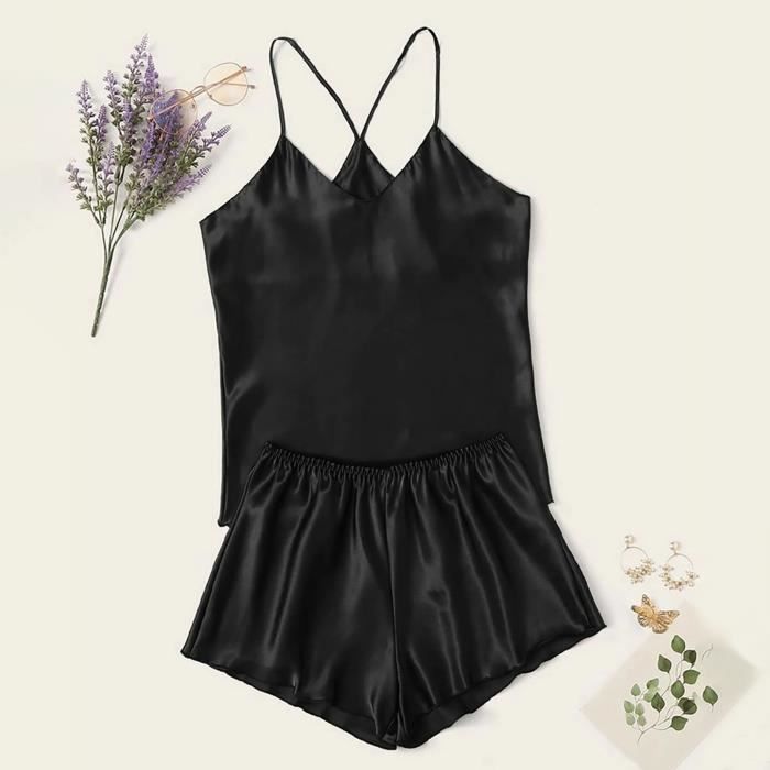 Ensemble de Caraco et Shorty Pour Femme Sexy- Satin Silk Babydoll Lace ...