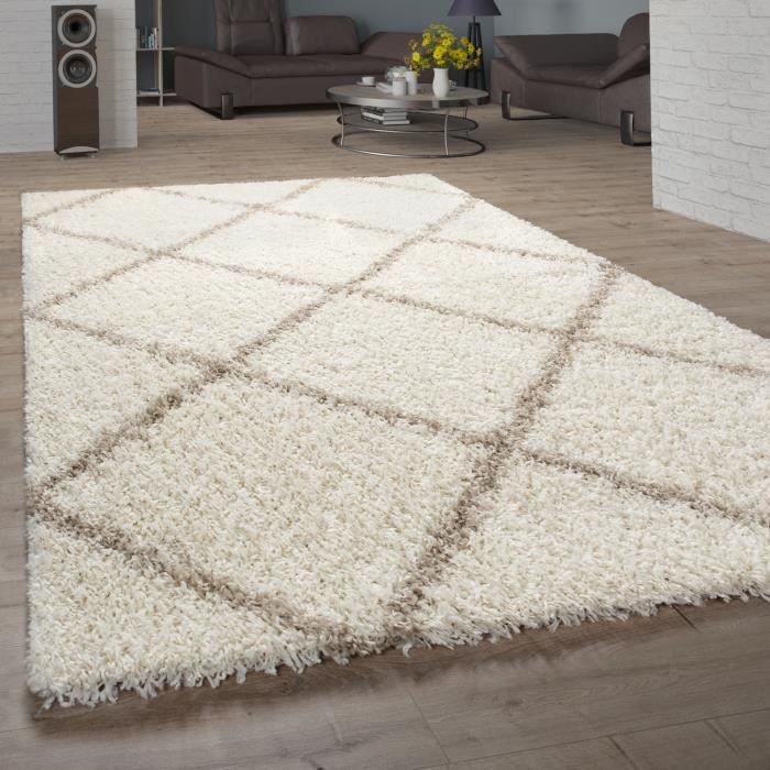 Paco Home Tapis Salon Poils Longs Shaggy Design Scandinave Avec Motif Losanges, Moderne Beige ...