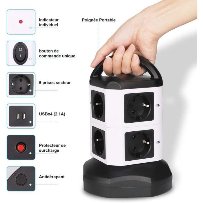 Tour Multiprise 6 Prises et 4 USB avec 2m Câble, 2500W/10A Multiprises ...