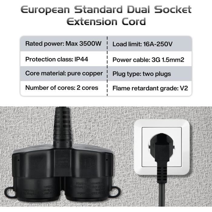 Fiche Double Pour Prise,Multiprise Extérieur, 2 Prises Schuko (250V 16A ...