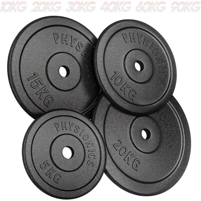 Physionics Set Disques Poids en Fonte - 2x5-4x5-6x5-2x10-4x10-6x10-2x15 ...