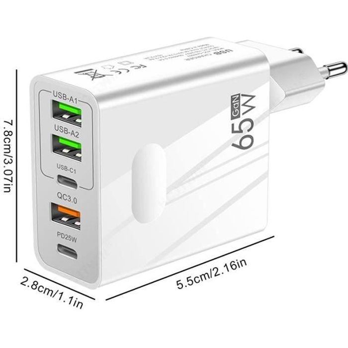 Chargeur Rapide 65W Prise Multiple avec 2 USB C + 2 USB + 1 QC 3.0 ...