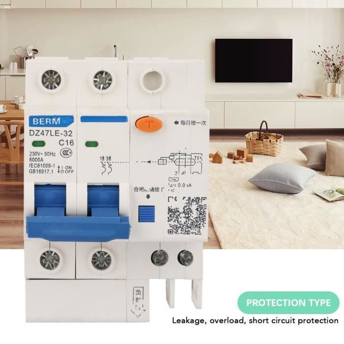 Disjoncteur miniature 230V - 16A DZ47LE-32 2P + 2 C16 Protection résiduelle Courant résiduel du ...