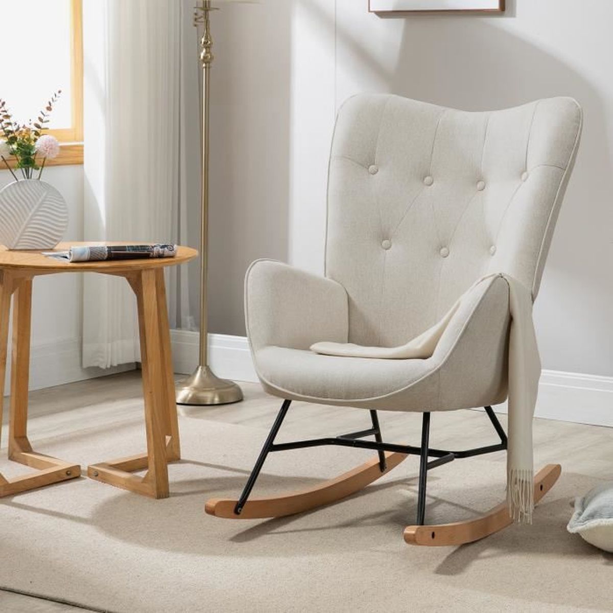Fauteuil à Bascule Scandinave Rocking chair en Tissu avec Pieds en E ...
