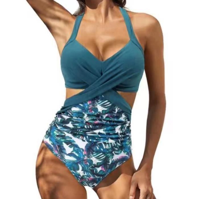 Maillot De Bain Femme - Piscine Slim Push Up Dos Nu Bikini Col en V Profond Réglables - Bleu ...