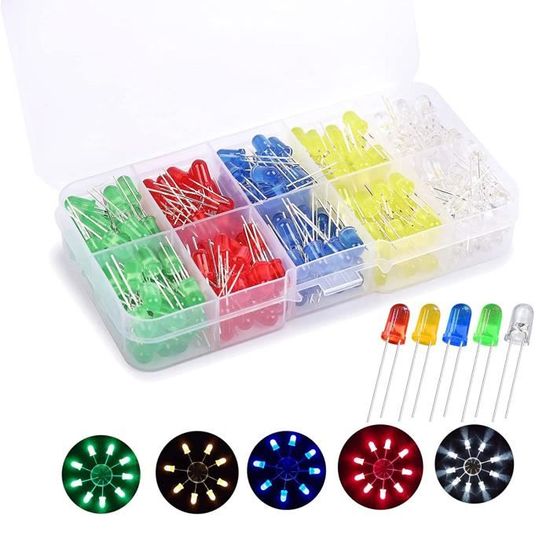Diodes LED 5mm, Kit assorti de circuits LED multicolores, lumière de diodes rondes, utilisation ...