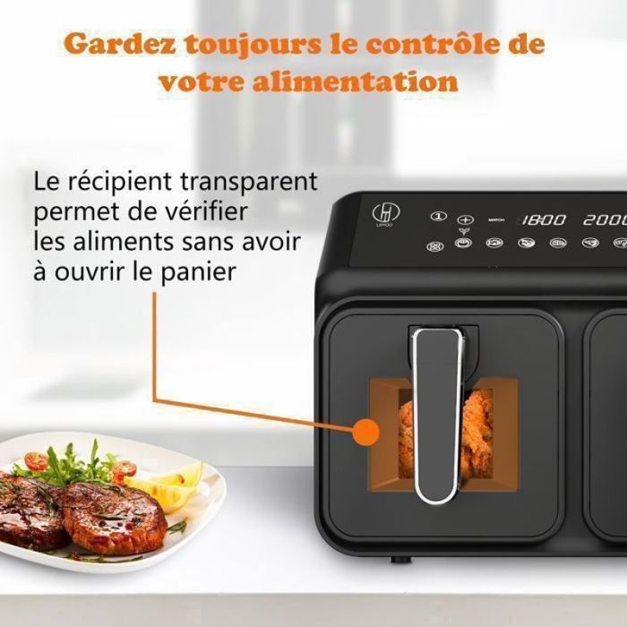 Airfryer 8L double bac 2200W Double compartiment, Fenêtre observation ...