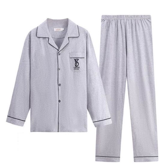 Pyjama Homme 2 Pièces en Coton Manches longues Confortable Gris ...